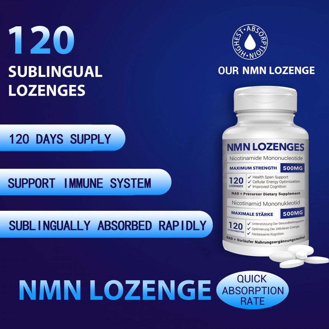 NMN 500MG (120 Lozenges(Pack of 1))